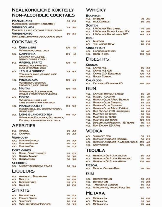 Menu at Lemon Leaf restaurant, Prague