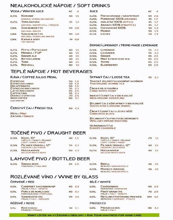 Menu at Lemon Leaf restaurant, Prague