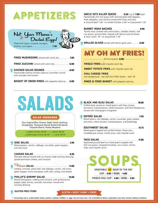 Menu at The Frisco Shop restaurant, Austin