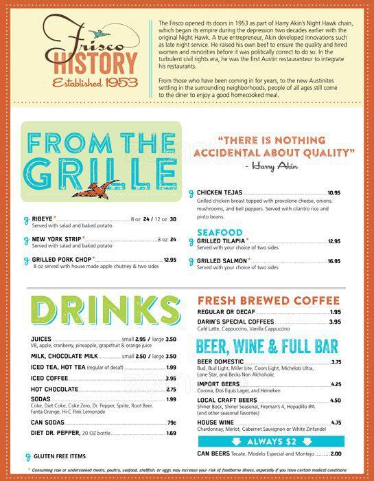 Menu at The Frisco Shop restaurant, Austin