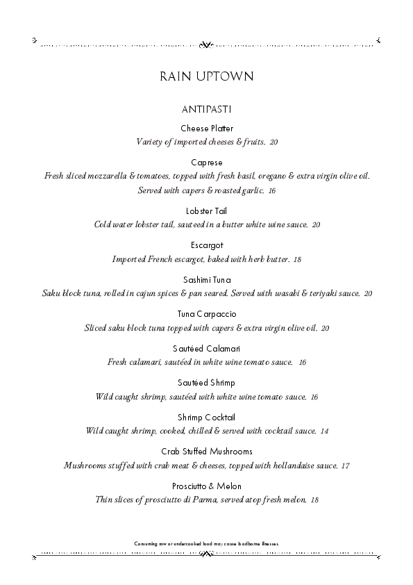 Menu at Rain Uptown restaurant, Lubbock, 98th St