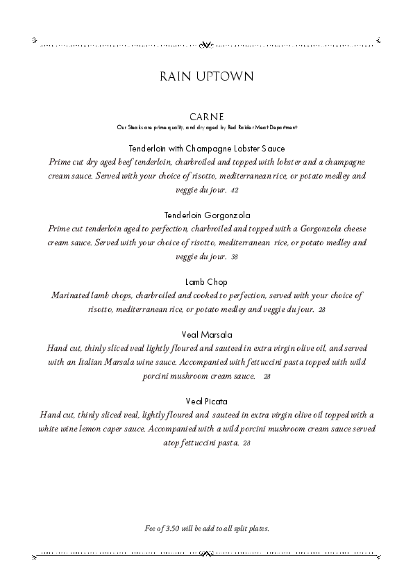 Menu at Rain Uptown restaurant, Lubbock, 98th St