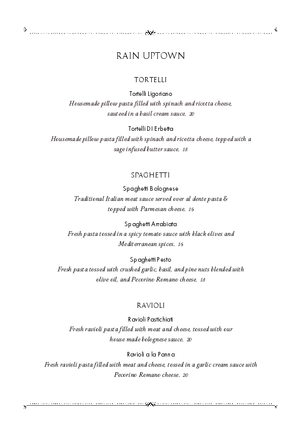 Menu at Rain Uptown restaurant, Lubbock, 98th St