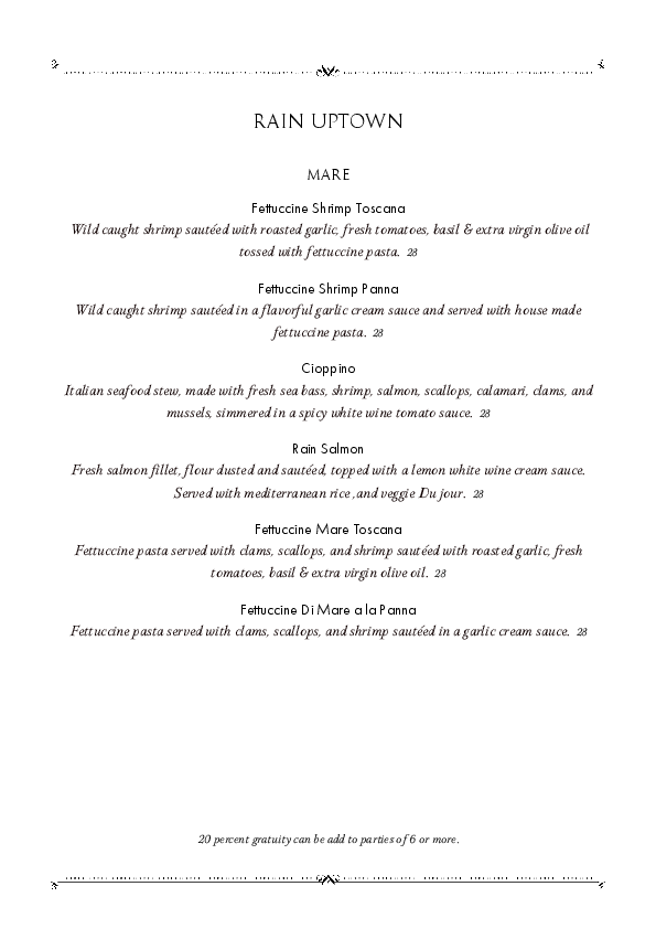 Menu at Rain Uptown restaurant, Lubbock, 98th St