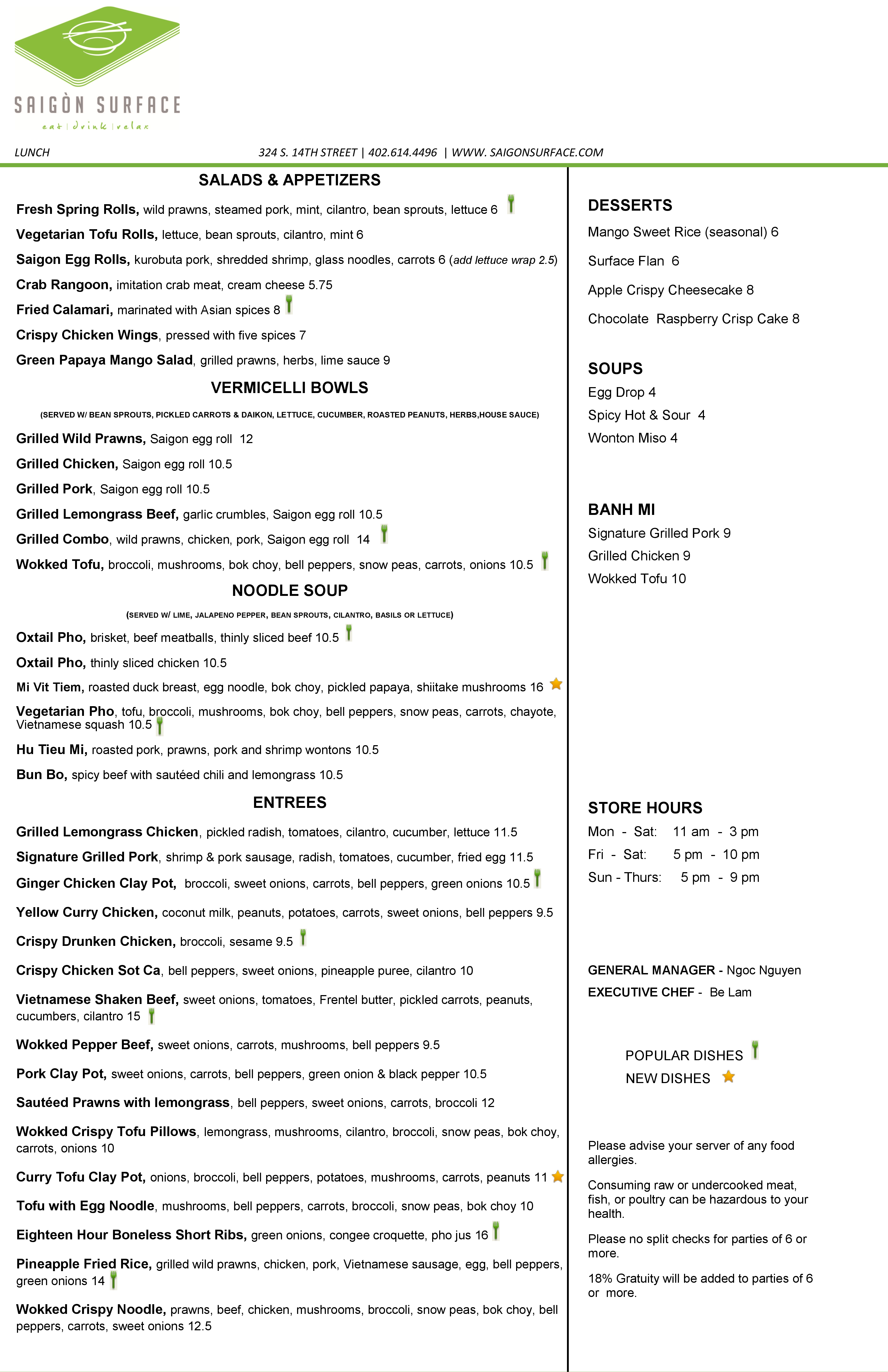 Menu at Saigon Surface restaurant, Omaha