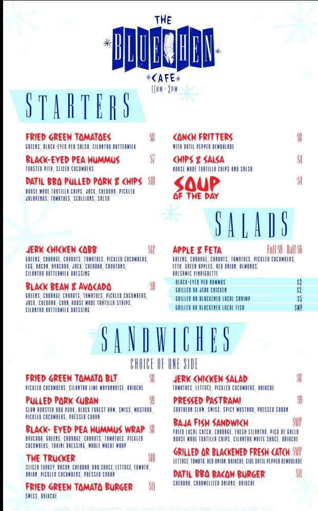 Menu at The Blue Hen Café cafe, St. Augustine