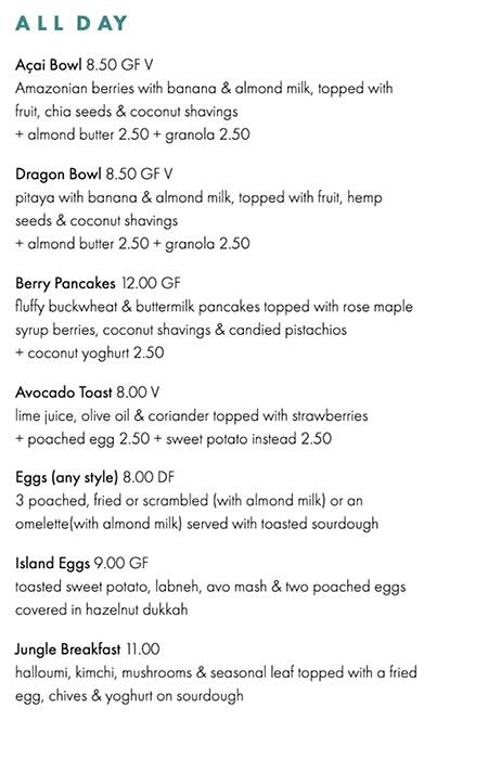 Menu at Farm Girl Notting Hill cafe, London, 59A Portobello Rd