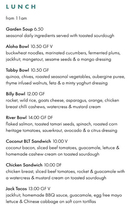 Menu at Farm Girl Notting Hill cafe, London, 59A Portobello Rd