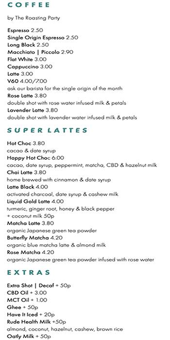 Menu at Farm Girl Notting Hill cafe, London, 59A Portobello Rd