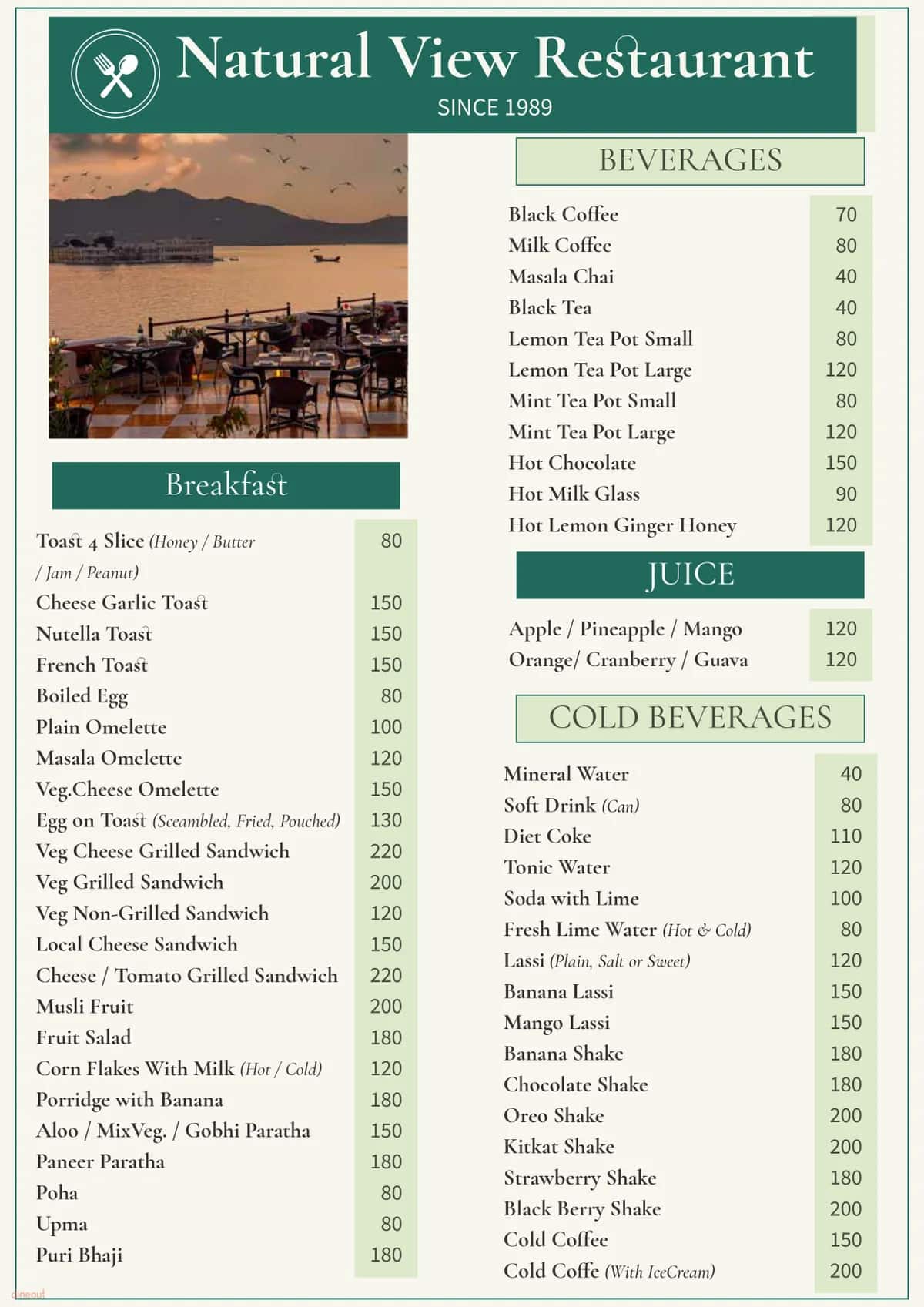 Menu of Natural View Restaurant, Chandpole, Udaipur