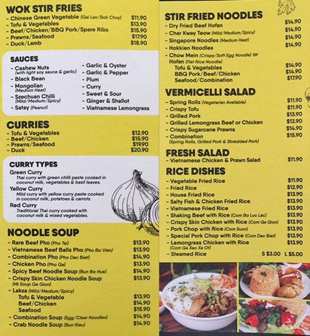 Menu at Pho Nam restaurant, Corinda