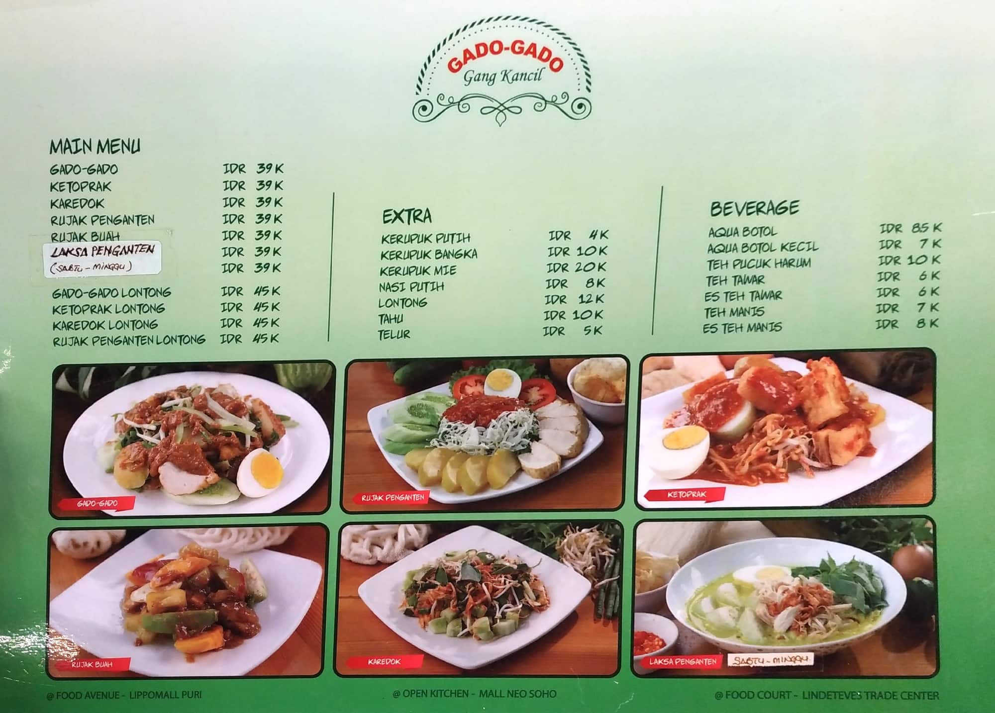 Carta del restaurante Gado-Gado Gang Kancil, West Jakarta