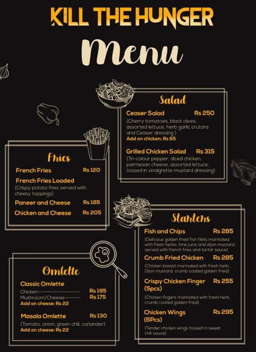 Menu at kill The Hunger, Kolkata
