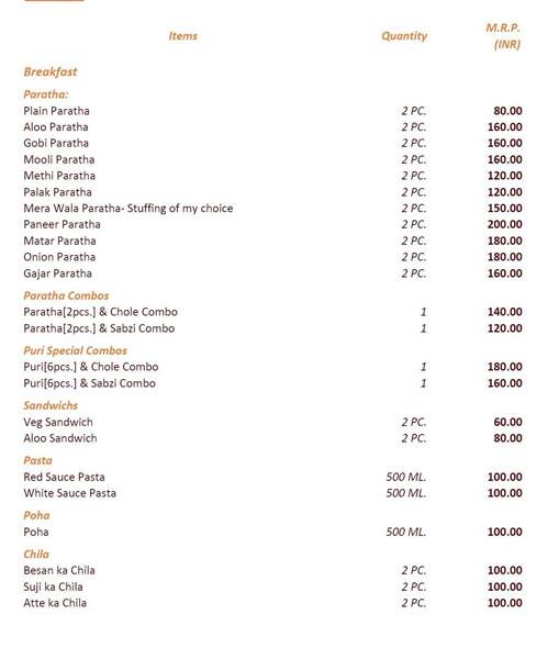 Menu of Online Nasta, Mayur Vihar Phase 3, New Delhi
