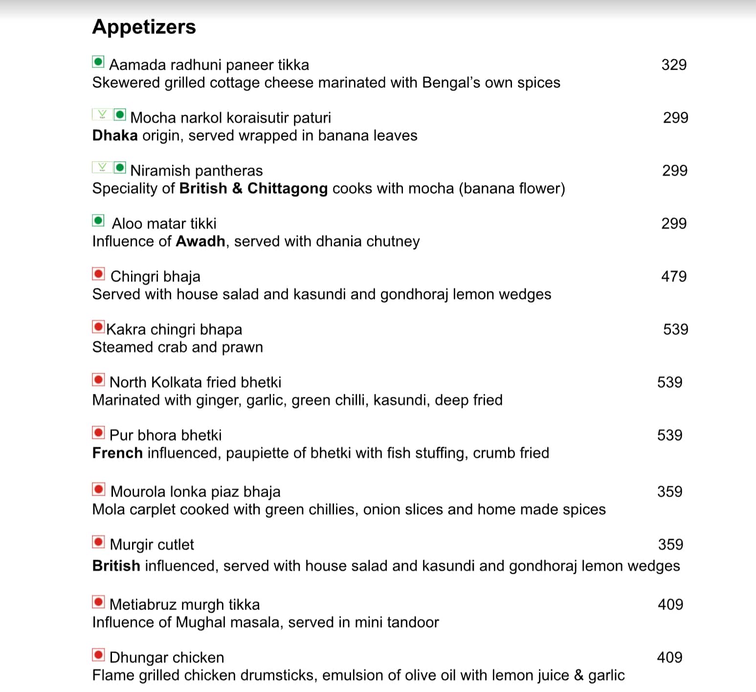 Menu of Calcutta Retro, Southern Avenue, Kolkata