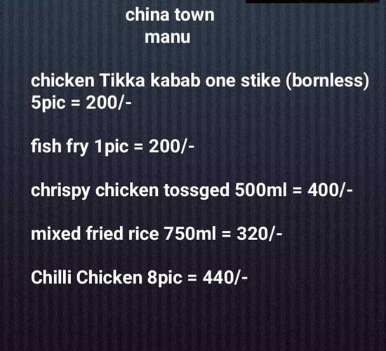 Menu of China Town, Sinthi, Kolkata