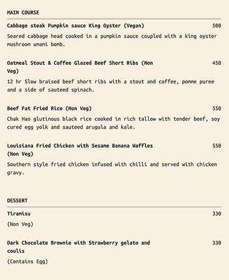 Menu of Juna, Anjuna, Goa