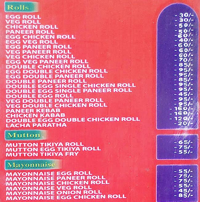 Menu of Baba Fast Food, Park Street Area, Kolkata
