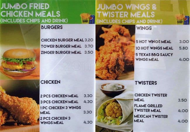 Menu at Jumbos Peri Peri restaurant, London