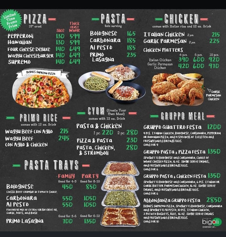 Menu at Bigoli restaurant, Quezon City, L4 EDSA Corner