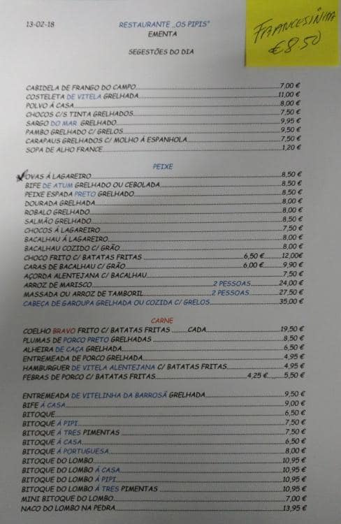Menu em Os Pipis restaurante, Odivelas
