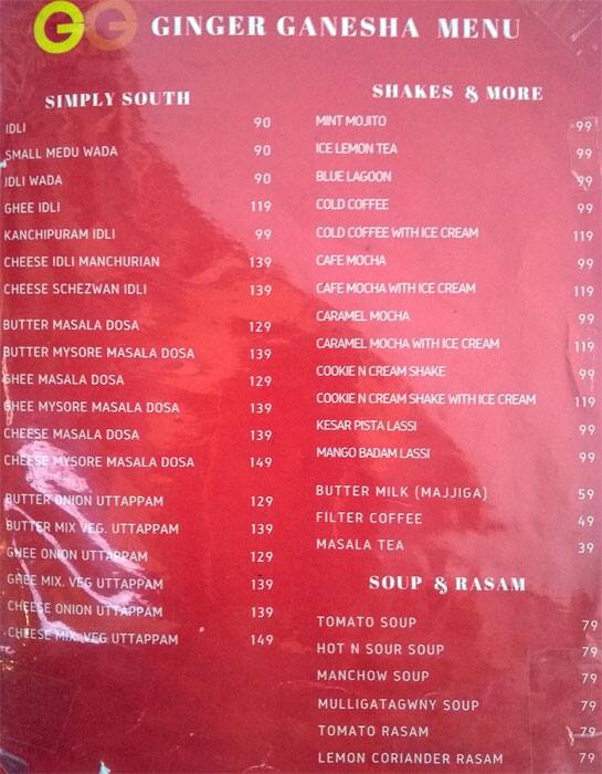 Menu at Ginger Ganesha-South Indian Restaurant, Indore, 21/1