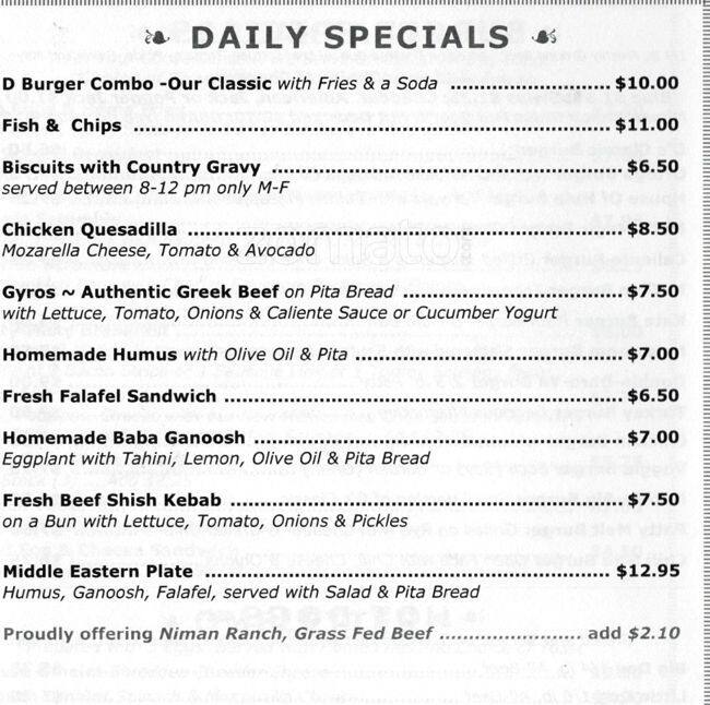 Menu at D's Diner restaurant, Sebastopol