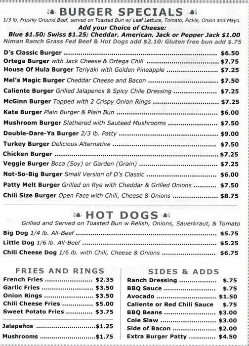 Menu at D's Diner restaurant, Sebastopol