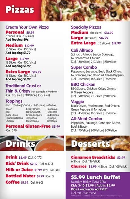 Menu at Chuck E. Cheese pizzeria, Webster, Bay Area Blvd