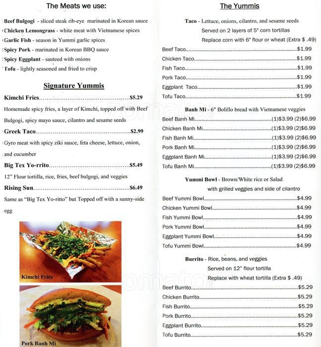 Menu at Yummi Tacos restaurant, Austin