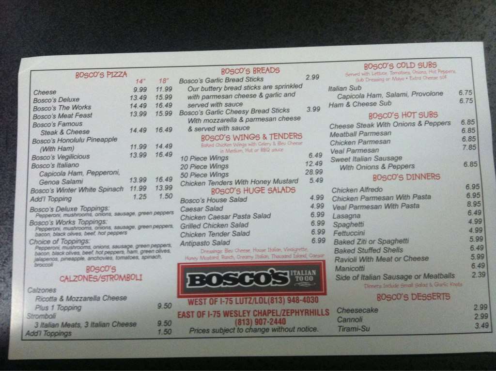 Bosco's Italian To Go Menu - Urbanspoon/Zomato