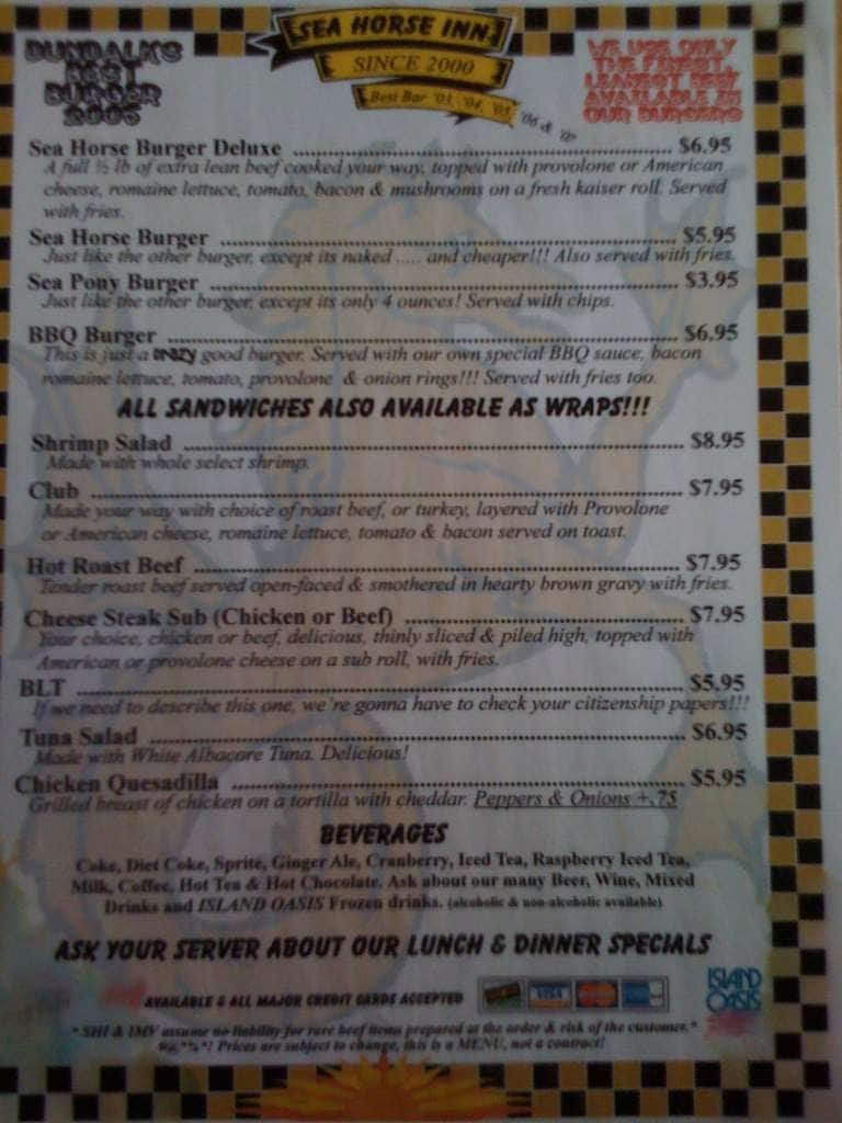 Menu at The Sea Horse Inn pub & bar, Dundalk