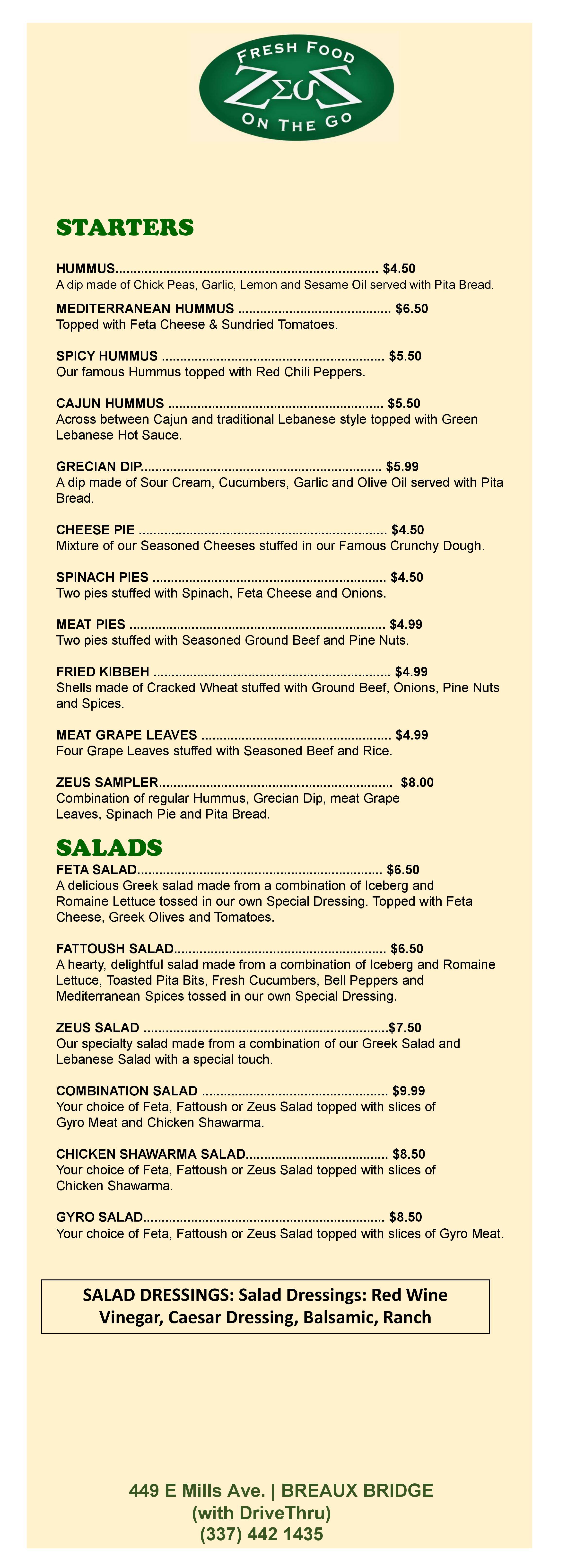 Menu at Zeus restaurant, Breaux Bridge, 215 W Mills Ave #4818