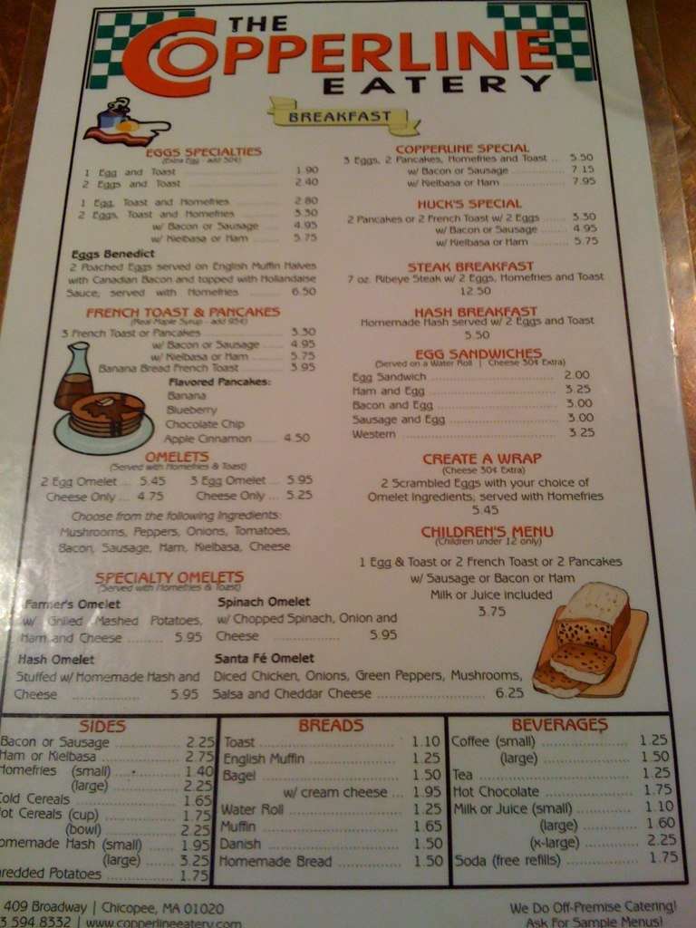 Menu at Copperline Eatery restaurant, Chicopee, 409 Broadway St