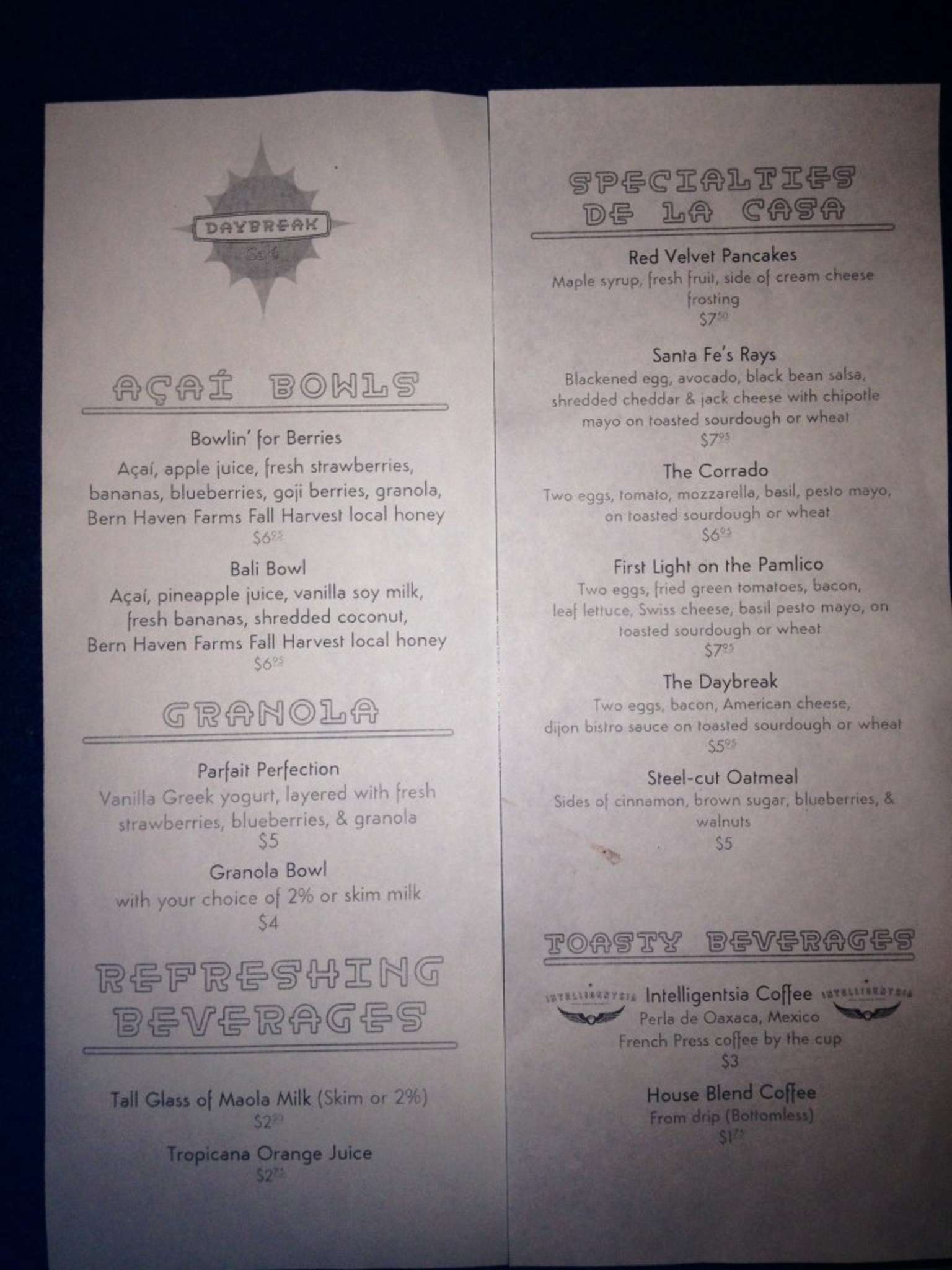 Menu at Captain Ratty's restaurant, New Bern