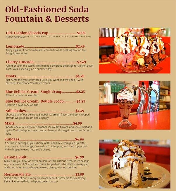 Menu at Old Texas Inn & Restaurant, Fort Davis, 113 TX-118