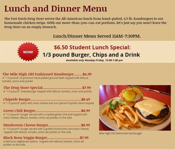 Menu at Old Texas Inn & Restaurant, Fort Davis, 113 TX-118