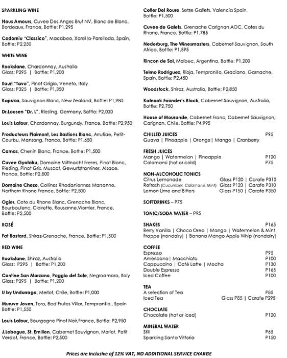 Menu at Circa 1900 restaurant, Cebu City