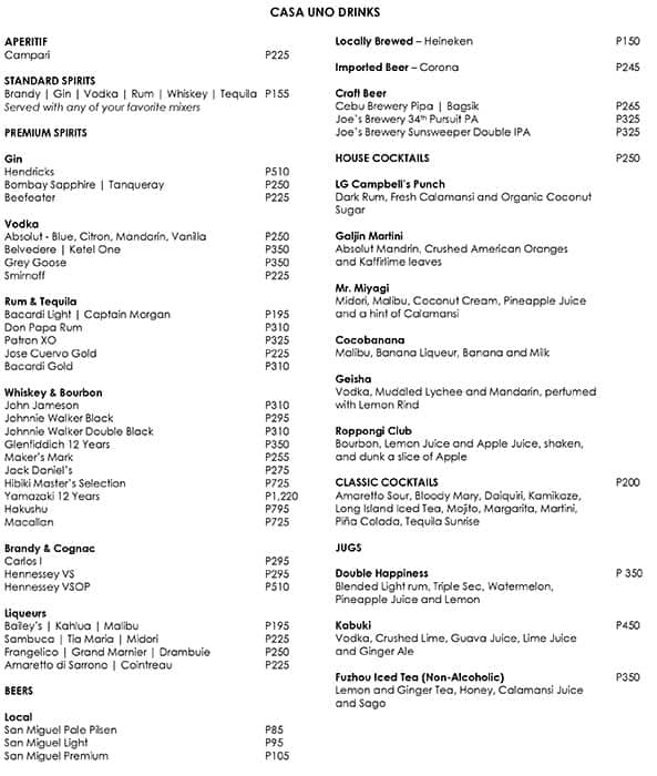 Menu at Circa 1900 restaurant, Cebu City