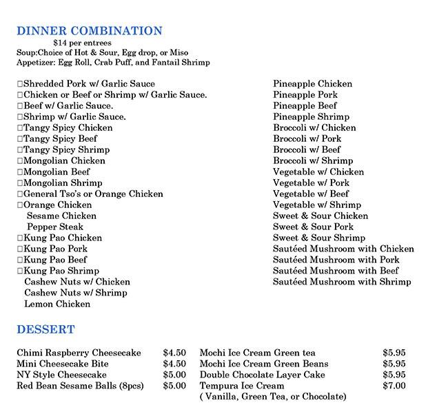 Menu at Bluefish Chinese Japanese Restaurant, Lake Charles