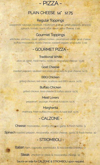 Menu at My Dad's Pizza restaurant, Paoli