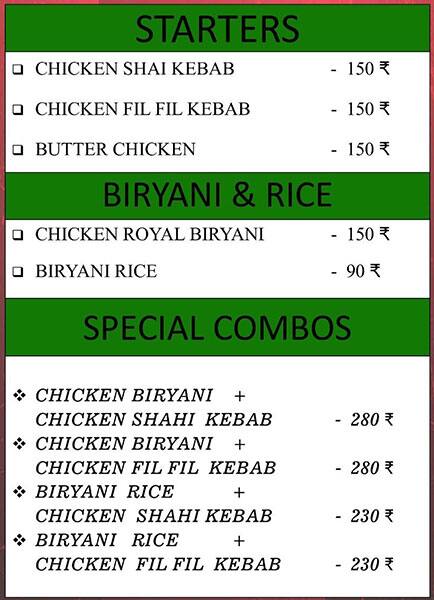 Menu of Royal Cafe, Jalahalli, Bangalore
