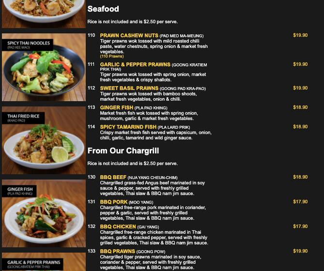 Menu at Soul Thai fast food, Auckland, 158 Williamson Ave