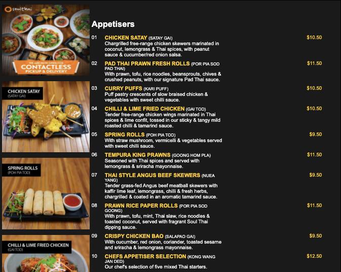 Menu at Soul Thai fast food, Auckland, 158 Williamson Ave