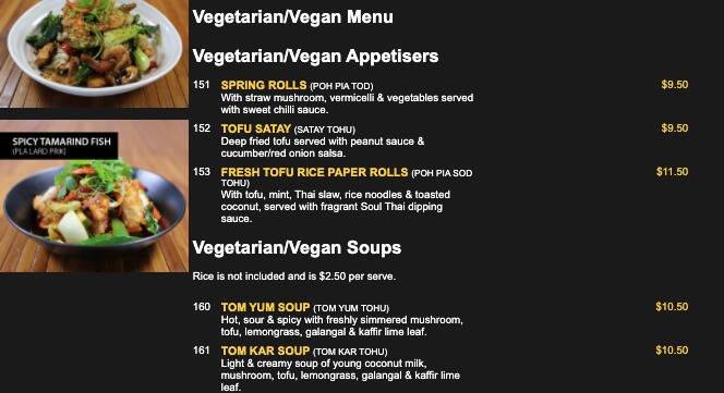 Menu at Soul Thai fast food, Auckland, 158 Williamson Ave