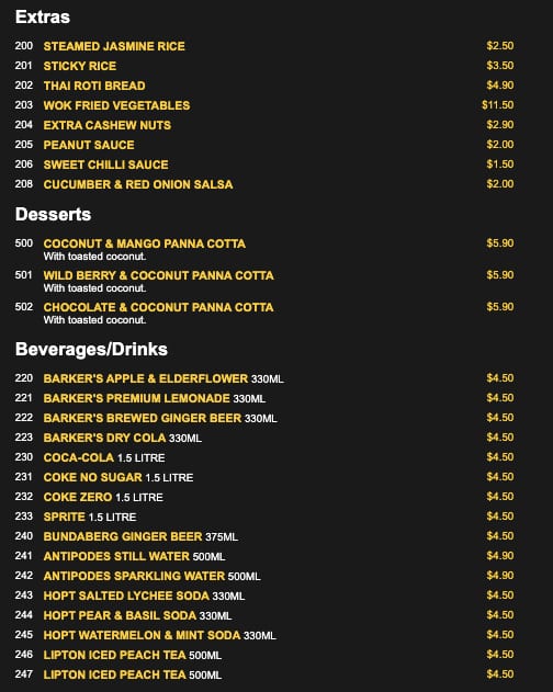 Menu at Soul Thai fast food, Auckland, 158 Williamson Ave