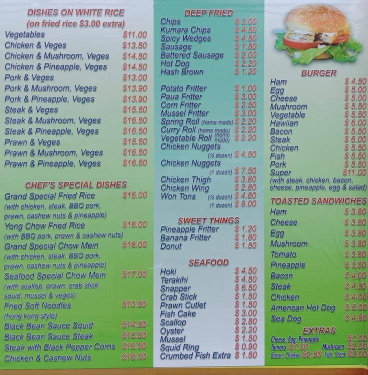 Menu at Grand Takeaways restaurant, Orewa