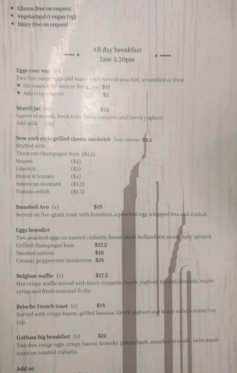 Menu at Gotham Cafe, Wellington, 4 Chews Ln