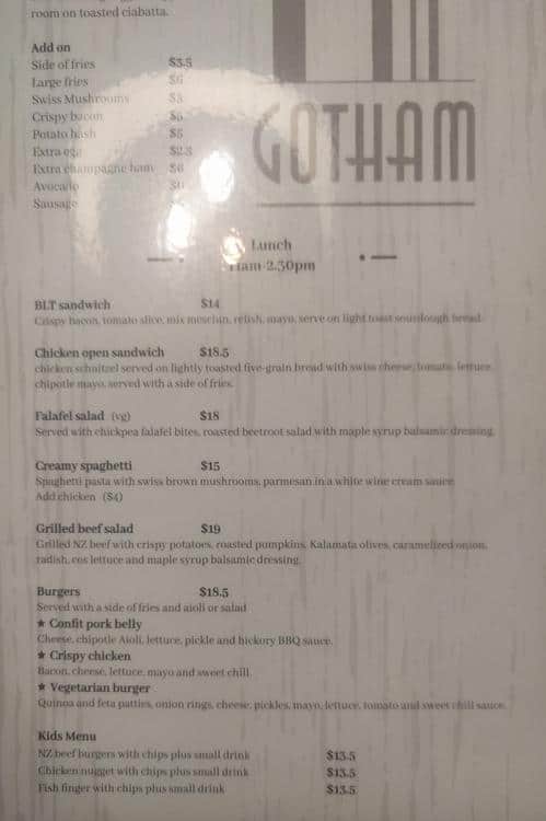 Menu at Gotham Cafe, Wellington, 4 Chews Ln