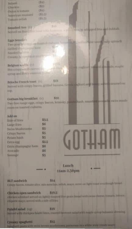 Menu at Gotham Cafe, Wellington, 4 Chews Ln